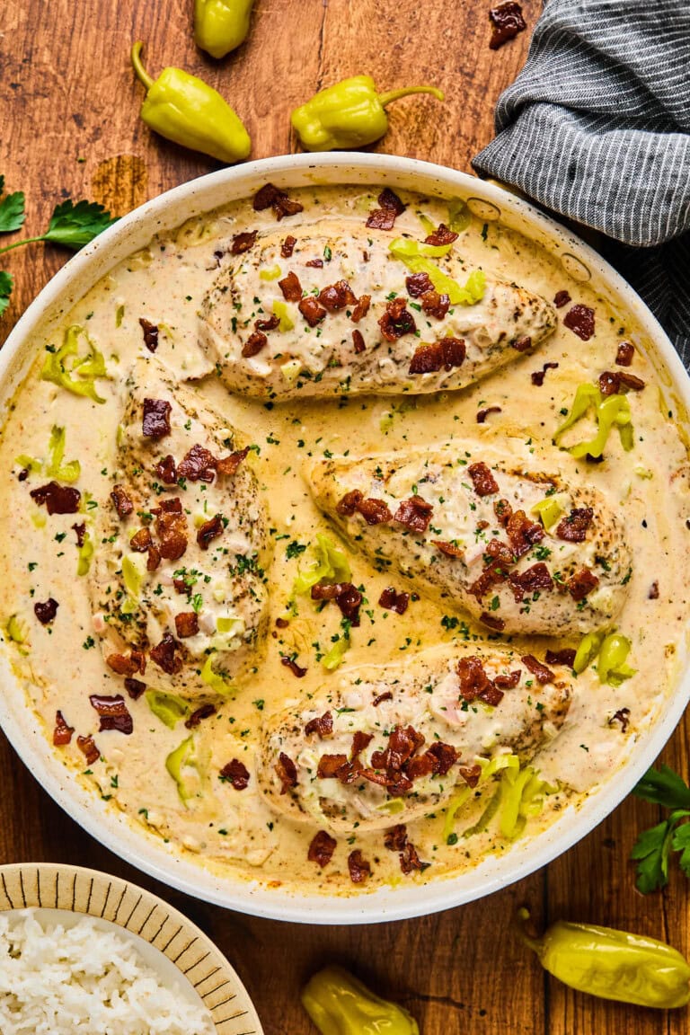 Easy Creamy Pepperoncini Chicken Recipe | Healthy Little Peach