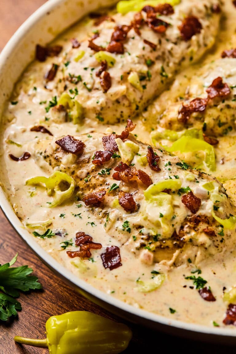 Easy Creamy Pepperoncini Chicken Recipe | Healthy Little Peach